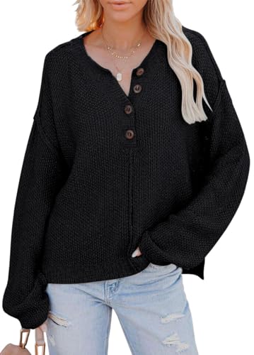 LILLUSORY Womens Black Tops V Neck Pullover Sweaters 2023 Fall Long Sleeve Waffle Knit Tunic Sweater Button Casual Henley Shirts