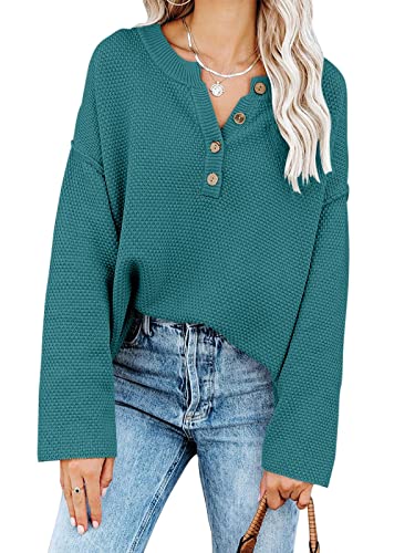 Nigaga Womens V Neck Oversized Sweaters Batwing Long Sleeve Button Up Henley Tops Pullover Loose Chunky Knit Jumper Ni433ailv-L