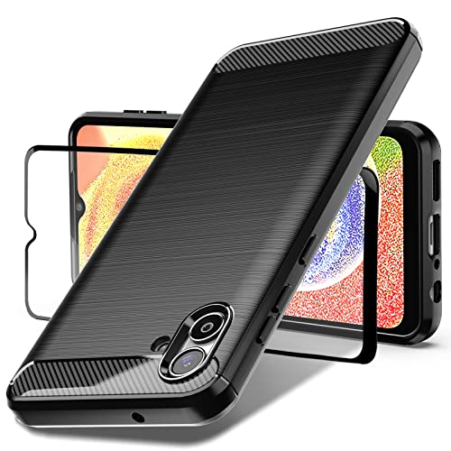 Dretal for Samsung A04 Case, Galaxy A04 Case with Tempered Glass Screen Protector, Shock-Absorption Brushed Flexible Soft TPU Carbon Fiber Protective Cover for Samsung Galaxy A04(LS-Black)