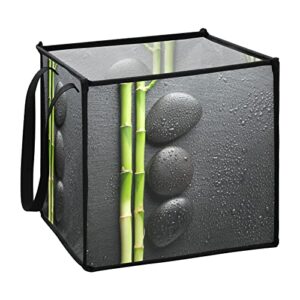 poeticcity black zen basalt stones with dew green bamboo on dark square storage basket bin, collapsible storage box, baskets organizer for toy, clothes easy to assemble 10.6x10.6x10.6 in