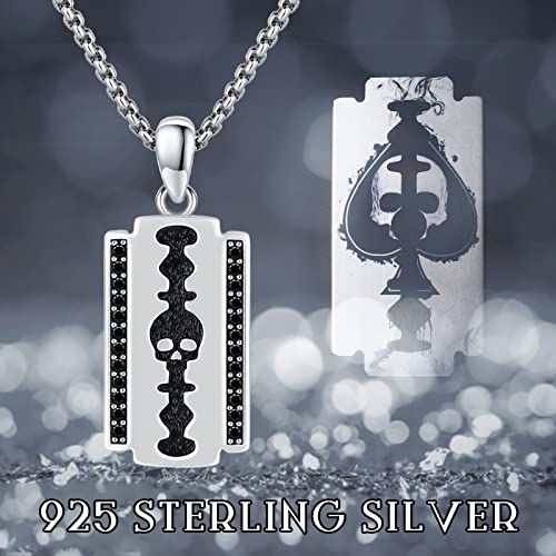 Razor Blade Necklace for Men Women 925 Sterling Silver Skull Punk Black Razor Blade Necklace Dimebag Darrell Gothic Necklace Jewelry Gifts for Father's Day