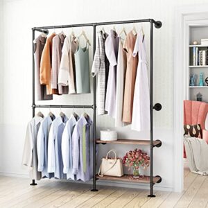 ironjiazu industrial pipe clothes racks with black shelves, industrial pipe black clothing rack with double hanging rods, heavy duty wall mounted clothing rack rod for closet storage, bedroom