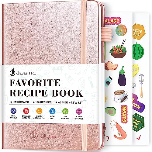 JUBTIC Blank Recipe Book to Write in Your Own Recipes, Personal Cook Book to Write in and Hardcover Recipe Notebook with 2 colorful stickers for Family Recipes, Hold up to 128 Recipes - Rose Gold