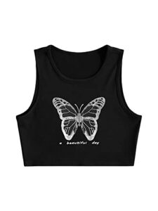 shenhe women's graphic sleeveless cropped tank top skeleton print rhinestone crop tops butterfly black m