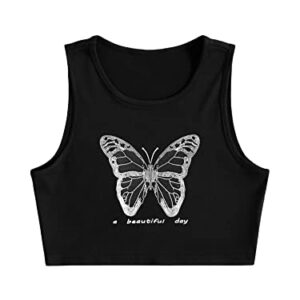 SHENHE Women's Graphic Sleeveless Cropped Tank Top Skeleton Print Rhinestone Crop Tops Butterfly Black M