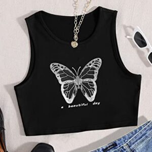 SHENHE Women's Graphic Sleeveless Cropped Tank Top Skeleton Print Rhinestone Crop Tops Butterfly Black M