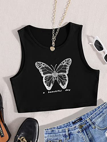 SHENHE Women's Graphic Sleeveless Cropped Tank Top Skeleton Print Rhinestone Crop Tops Butterfly Black M