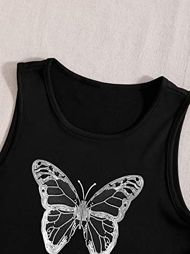 SHENHE Women's Graphic Sleeveless Cropped Tank Top Skeleton Print Rhinestone Crop Tops Butterfly Black M