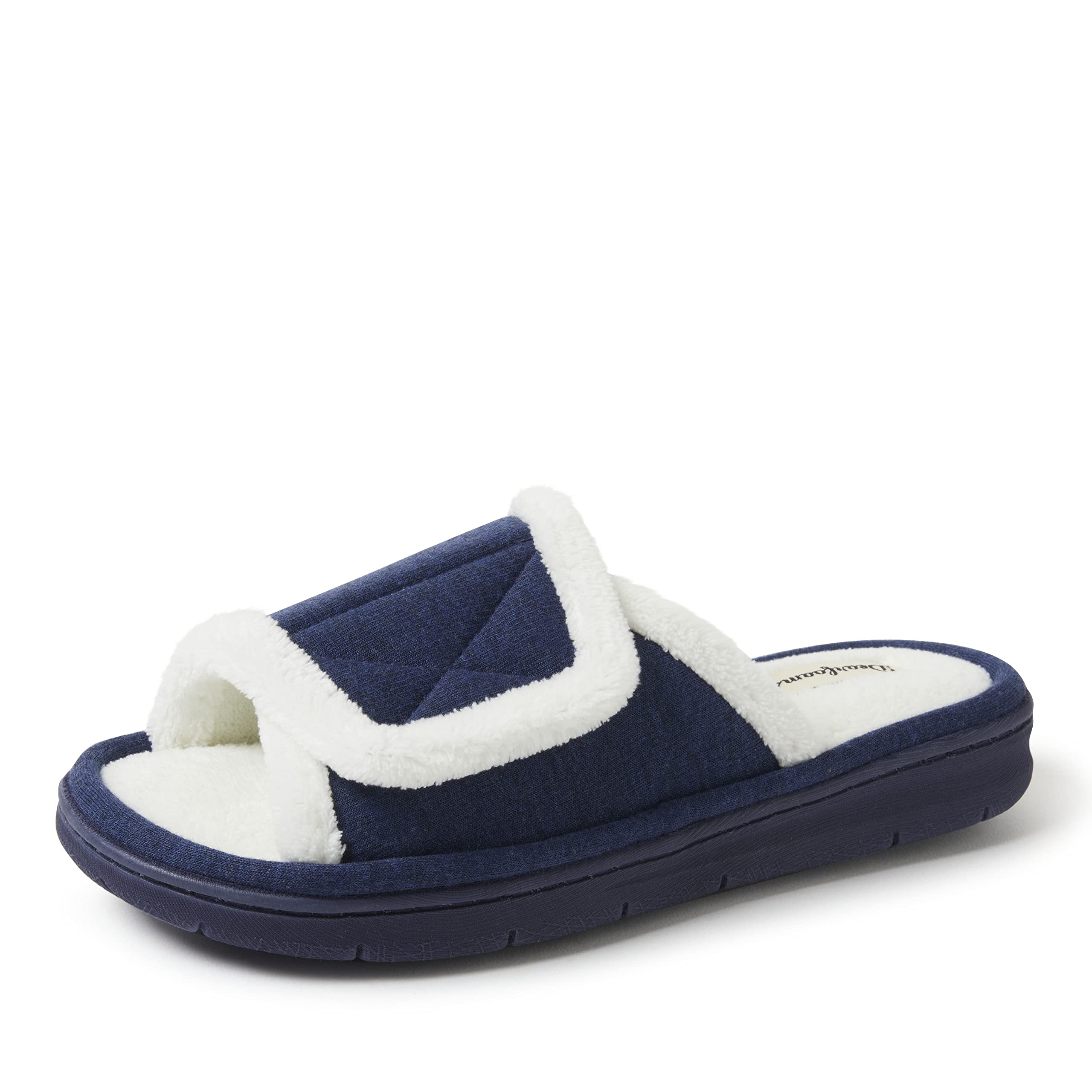 Dearfoams Women's Adjustable Indoor/Outdoor Machine Washable Memory Foam Slide Slipper, Navy, 9-10