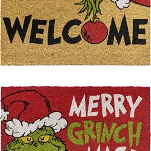 Gertmenian Mickey Mouse Coir Front Door Mat (2-Pack), Outdoor Mats for Home Entrance, Retro Welcome Mat, Disney Home Decor, 20" x 34" Each, Red Brown Welcome Merry Grinchmas, 19594