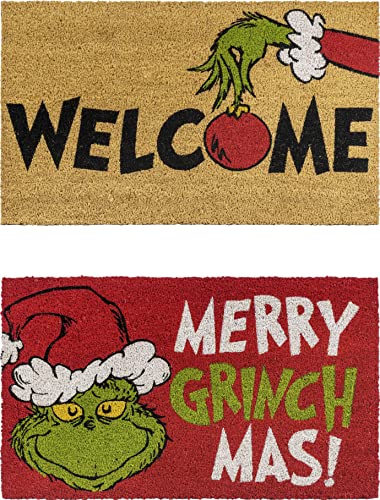 Gertmenian Mickey Mouse Coir Front Door Mat (2-Pack), Outdoor Mats for Home Entrance, Retro Welcome Mat, Disney Home Decor, 20" x 34" Each, Red Brown Welcome Merry Grinchmas, 19594