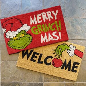 Gertmenian Mickey Mouse Coir Front Door Mat (2-Pack), Outdoor Mats for Home Entrance, Retro Welcome Mat, Disney Home Decor, 20" x 34" Each, Red Brown Welcome Merry Grinchmas, 19594