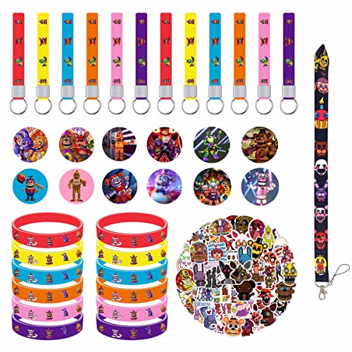 Party Supplies for Five Nights at Freddy, 12pcs Button Pins 12pcs Barcelets 12pcs Keyrings, 1 Neck Strap Lanyard, 50 Stickers