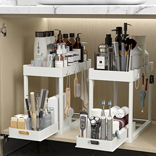 2PC Under Sink Organizer Rack 2 Tier Under Sliding Cabinet Basket Organizer Drawer with 4 Hooks, Multi-purpose Under Sink Storage for Bathroom Kitchen Desktop（White）