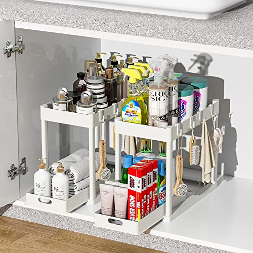 2PC Under Sink Organizer Rack 2 Tier Under Sliding Cabinet Basket Organizer Drawer with 4 Hooks, Multi-purpose Under Sink Storage for Bathroom Kitchen Desktop（White）