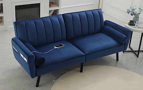 DURASPACE Velvet Loveseat Sleeper Sofa 74" Convertible Futon Couch with USB, Loveseat Coach for Dorm, Apartment, Bonus Room,Compact Living Space (Navy Blue)