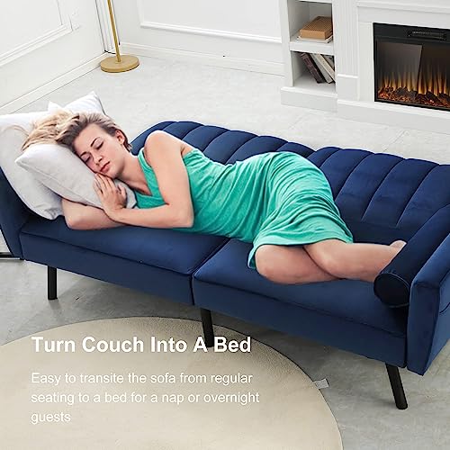 DURASPACE Velvet Loveseat Sleeper Sofa 74" Convertible Futon Couch with USB, Loveseat Coach for Dorm, Apartment, Bonus Room,Compact Living Space (Navy Blue)