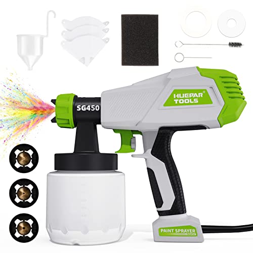 Huepar Tools SG450 Paint Sprayer, HVLP Electric Spray Gun (800ml/3 Metal Nozzles/3 Patterns), Easy Spraying and Cleaning, for Home Interior and Exterior Walls, Ceiling, Cabinet, Fence, Chair