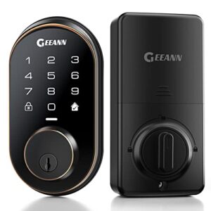 keyless entry door lock - geeann smart keypad deadbolt lock, electronic door locks with keypads, touchscreen auto lock, anti-peeking password and backlit design oil rubbed bronze