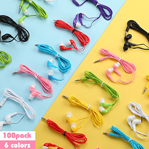 100 Pack Earphones Bulk Kids Ear Earbud Headphones for Classroom School, Compatible with Most 3.5 mm Interface (Multicolor)