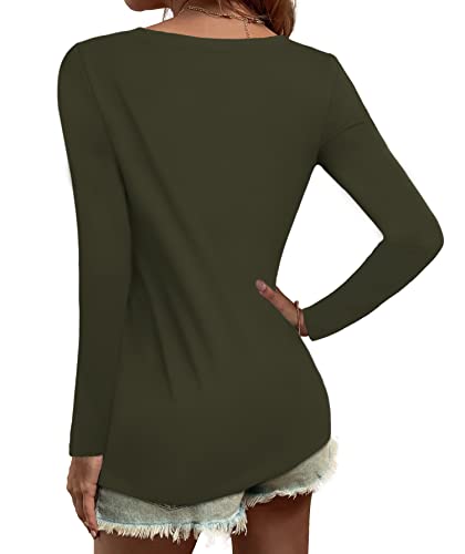 Elesomo Womens Long Sleeve T-Shirt Casual V-Neck Cotton Shirts Tops, Army Green XXL