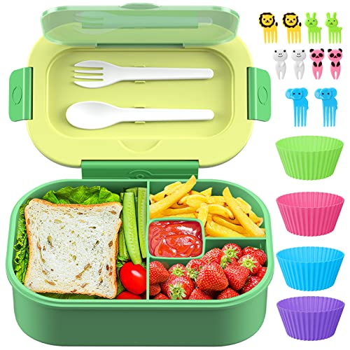 TIME4DEALS Bento Lunch Box for Kids/Adult - Leakproof 44oz Lunch Containers 4 Compartment with Cutlery, Reusable Child Back to School Meal/Snack Packing BPA Free (Green)