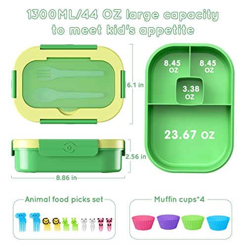 TIME4DEALS Bento Lunch Box for Kids/Adult - Leakproof 44oz Lunch Containers 4 Compartment with Cutlery, Reusable Child Back to School Meal/Snack Packing BPA Free (Green)