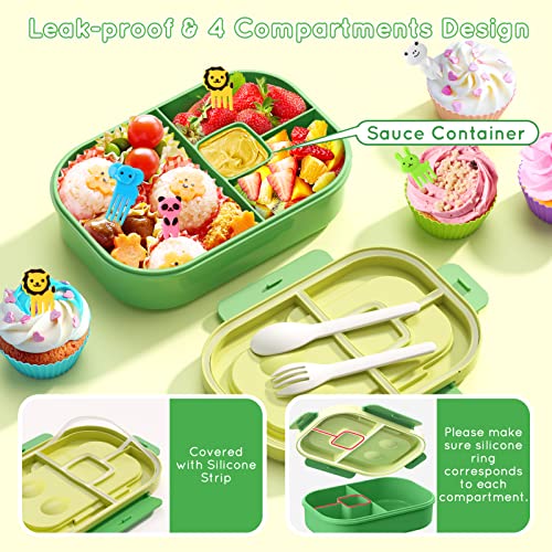 TIME4DEALS Bento Lunch Box for Kids/Adult - Leakproof 44oz Lunch Containers 4 Compartment with Cutlery, Reusable Child Back to School Meal/Snack Packing BPA Free (Green)