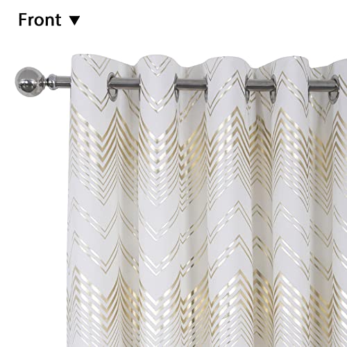 always4u Soft Velvet Foil Print Curtains 84 Inches Long White and Gold Chevron Curtains Luxury Window Treatment White 2 Panels 54 * 84 Inches