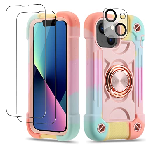 Cookiver for iPhone 13 Mini/iPhone 12 Mini Case 5.4 Inch with Ring Stand, with 2 Pack Glass Screen Protector + 1 Pack Camera Lens Protector,Heavy-Duty Military Grade Cover (Rainbow Pink)