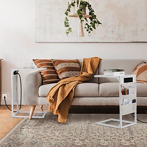 Set of 2 C Shaped End Table with Charging Station, Snack Side Table, C Tables for Couch, Couch Tables That Slide Under, for Living Room, Bedroom, White