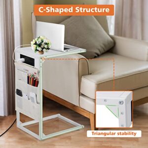 Set of 2 C Shaped End Table with Charging Station, Snack Side Table, C Tables for Couch, Couch Tables That Slide Under, for Living Room, Bedroom, White