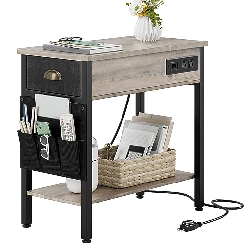 23 "End Table with Charging Station- Flip Top Narrow Side Tables With Storage Drawers/USB Ports/Outlets Sofa Couch Bedside Table Night Stand Furniture for Living Room Bedroom Office Small Spaces