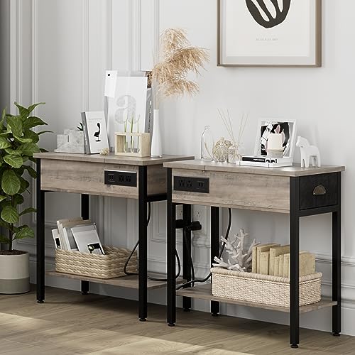 23 "End Table with Charging Station- Flip Top Narrow Side Tables With Storage Drawers/USB Ports/Outlets Sofa Couch Bedside Table Night Stand Furniture for Living Room Bedroom Office Small Spaces