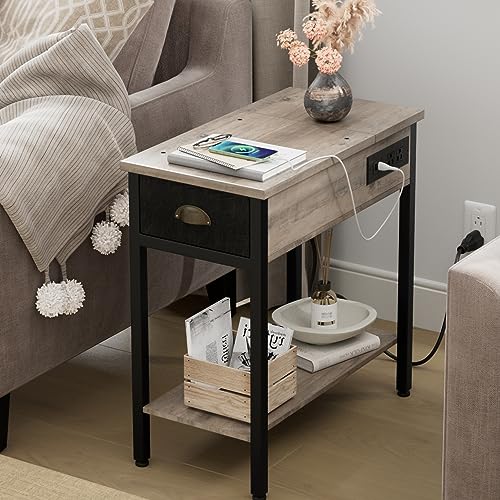 23 "End Table with Charging Station- Flip Top Narrow Side Tables With Storage Drawers/USB Ports/Outlets Sofa Couch Bedside Table Night Stand Furniture for Living Room Bedroom Office Small Spaces