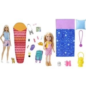 barbie doll and accessories, it takes two “malibu” camping doll with pet puppy and 10+ accessories it takes two camping playset + chelsea doll (6 in, blonde), pet owl, sleeping bag, binocu