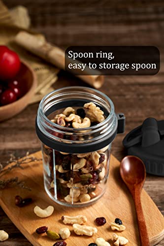 Overnight Oats Containers with Lids - 2pack Gray 10 oz Wide Mouth Mason Jar with Spoon Very Convenient for Use On The Go, Tight sealing glass jar ideal for home, office or to go