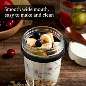 Overnight Oats Containers with Lids - 2pack Gray 10 oz Wide Mouth Mason Jar with Spoon Very Convenient for Use On The Go, Tight sealing glass jar ideal for home, office or to go