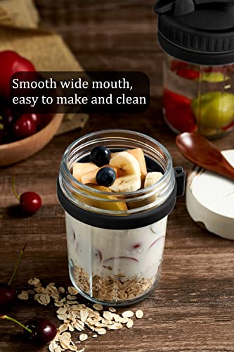 Overnight Oats Containers with Lids - 2pack Gray 10 oz Wide Mouth Mason Jar with Spoon Very Convenient for Use On The Go, Tight sealing glass jar ideal for home, office or to go