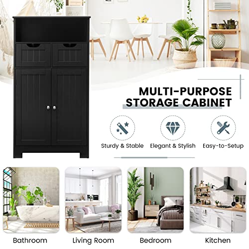 COSTWAY Bathroom Storage Cabinet, Freestanding Storage Organizer with 2 Drawers & Adjustable Shelf, Wooden Floor Cabinet for Living Room, Bedroom, Kitchen, Entryway (Black)