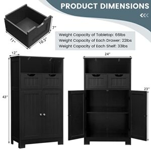 COSTWAY Bathroom Storage Cabinet, Freestanding Storage Organizer with 2 Drawers & Adjustable Shelf, Wooden Floor Cabinet for Living Room, Bedroom, Kitchen, Entryway (Black)