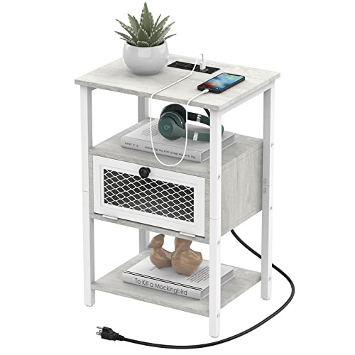 DOMYDEVM White Nightstand with Charging Station End Side Table with USB Ports and AC Outlets Modern Bedside Tables with Flip Storage Drawer and Open Shelf for Bedroom Living Room Office Dorm 1 Pack