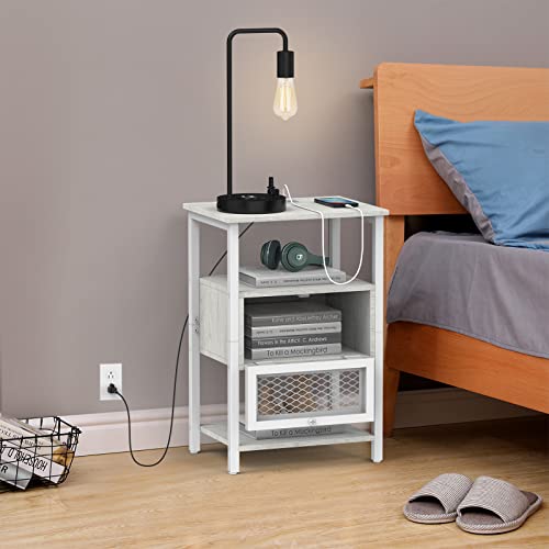 DOMYDEVM White Nightstand with Charging Station End Side Table with USB Ports and AC Outlets Modern Bedside Tables with Flip Storage Drawer and Open Shelf for Bedroom Living Room Office Dorm 1 Pack