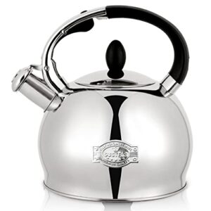 susteas stove top whistling tea kettle-surgical stainless steel teakettle teapot with cool touch ergonomic handle,1 free silicone pinch mitt included,2.64 quart(silver)