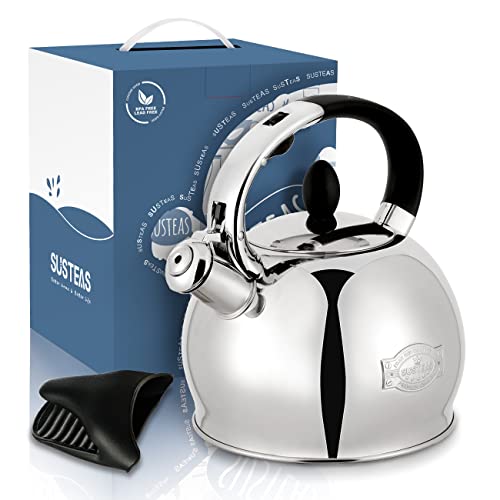 SUSTEAS Stove Top Whistling Tea Kettle-Surgical Stainless Steel Teakettle Teapot with Cool Touch Ergonomic Handle,1 Free Silicone Pinch Mitt Included,2.64 Quart(SILVER)