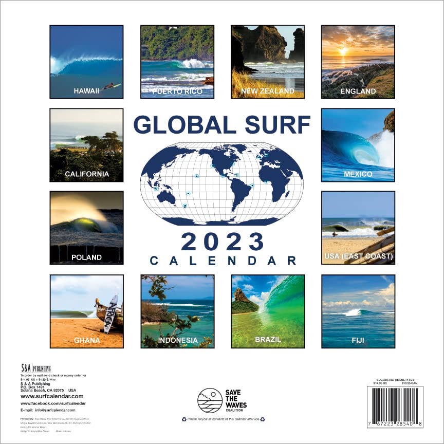 S & A PUBLISHING GLOBAL SURF 2023 SOUTHERN CALIFORNIA TIDE CALENDAR (12 in x 12 in) WALL BENEFITING SAVE THE WAVES, SURFING BOARD SPORTS