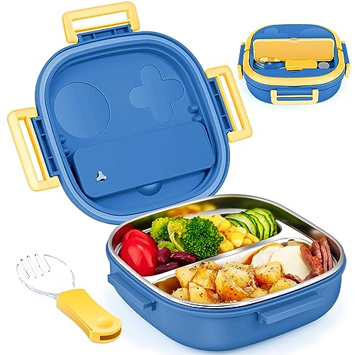 PEDECO Stainless Steel Kid Bento Box,4-Sided Lock Catch,Leak-Proof,2-Compartment,Lunch Box With Portable Cutlery-Ideal Portion Sizes (500ML) for Kids/Toddler-BPA-Free,Dishwasher Safe(Blue)