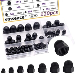 smseace 110pcs 7-values acorn nuts bolt cap kit m3/ m4/ m5/m6/m8/m10/m12 hex acorn cap nuts nylon screw covers caps acorn cap nuts assortment kit