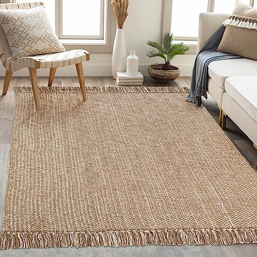 Collive Comfy Area Rug 4' x 6', Tan/Cream Woven Cotton Bedroom Rugs, Modern Indoor Accent Rug Floor Carpet with Tassel for Living Room, Nursery Room, Dining Room, Bedside, Office, Patio Decor