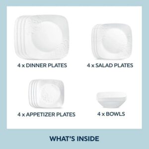 Corelle Cherish 16pc, Service for 4, Dinnerware Set, 8 plates 8 bowls, Chip & Break Resistant, Dinner Plates and Dinner Bowls, Corelleware Plates, White